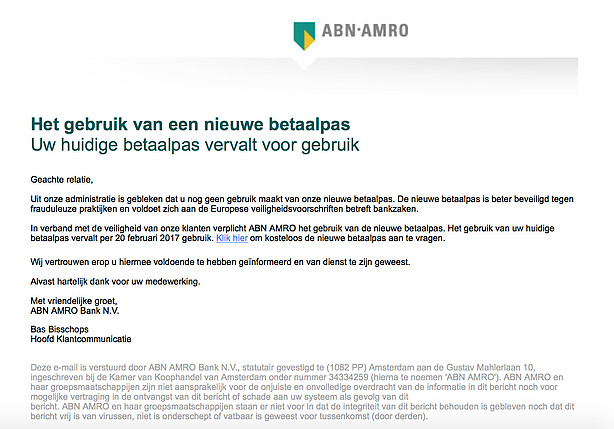 Pas op: nepmail ABN Amro over betaalpas | PlusOnline